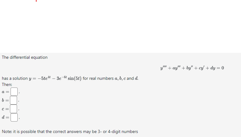 Solved The differential equation y′′′′+ay′′′+by′′+cy′+dy=0 | Chegg.com