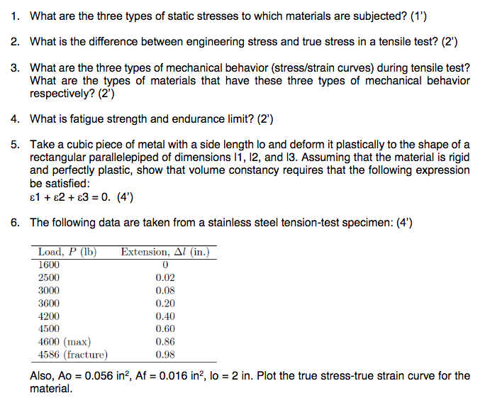 Solved 1. What are the three types of static stresses to | Chegg.com