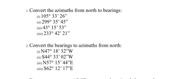 Solved Convert the azimuths from north to bearings: 105° 33' | Chegg.com