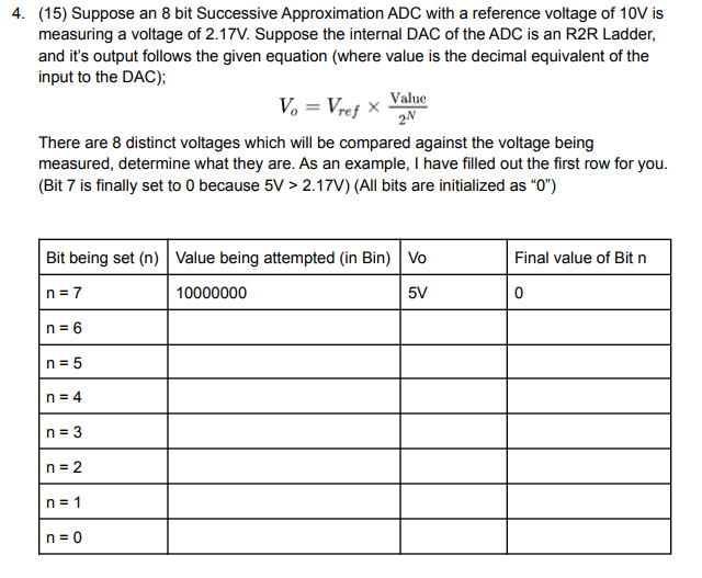 Solved 4. (15) Suppose an 8 bit Successive Approximation ADC | Chegg.com