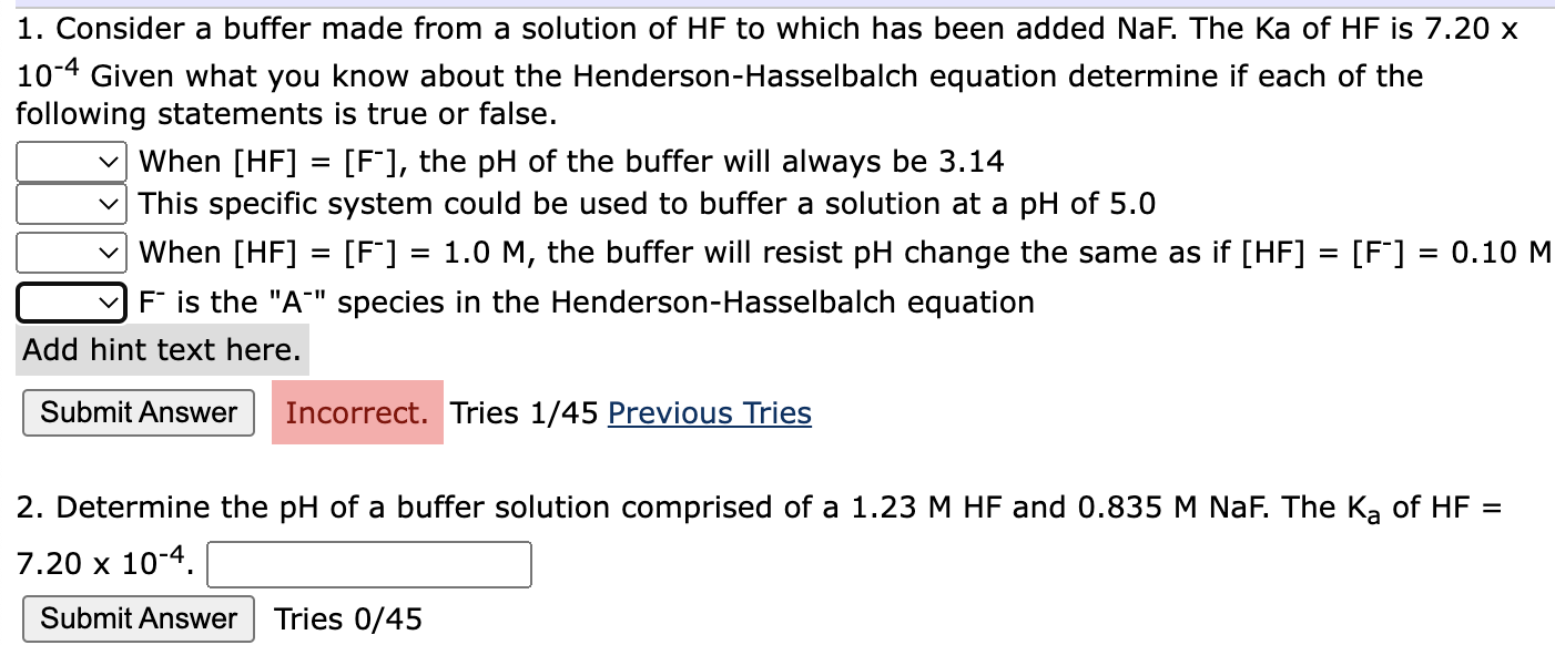 Solved 1. Consider a buffer made from a solution of HF to | Chegg.com