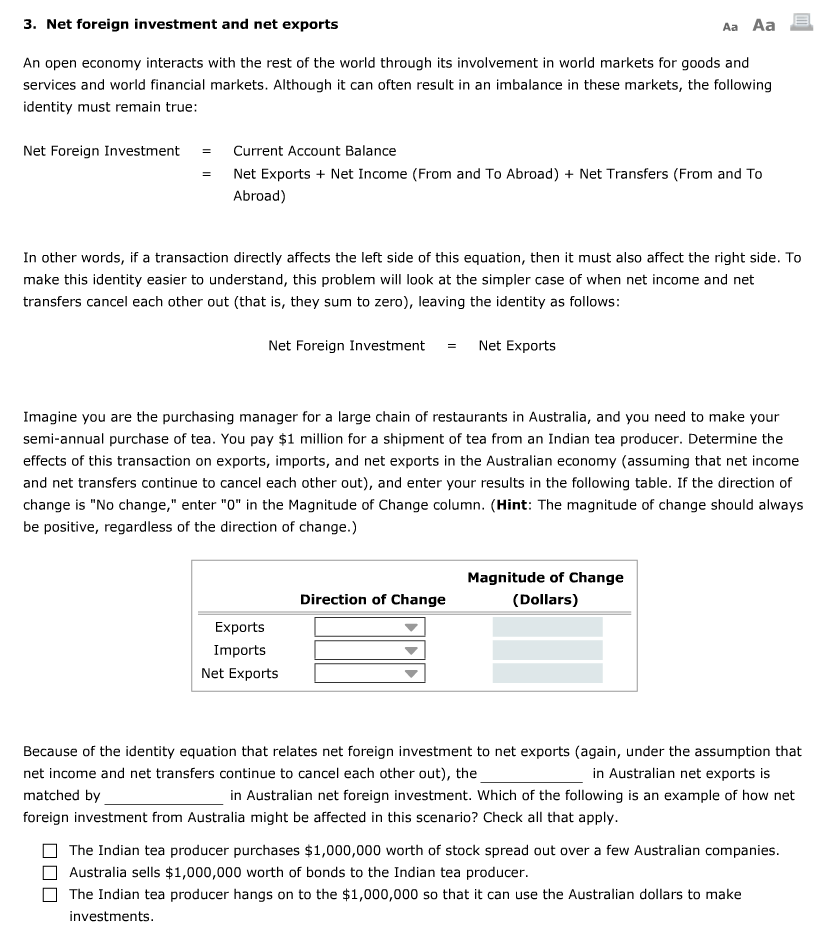Solved 3. Net foreign investment and net exports Aa Aa E An | Chegg.com