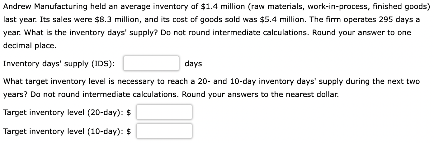 Solved Andrew Manufacturing held an average inventory of | Chegg.com
