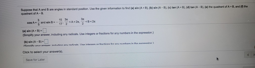 Solved Suppose that A and B are angles in standard position. | Chegg.com