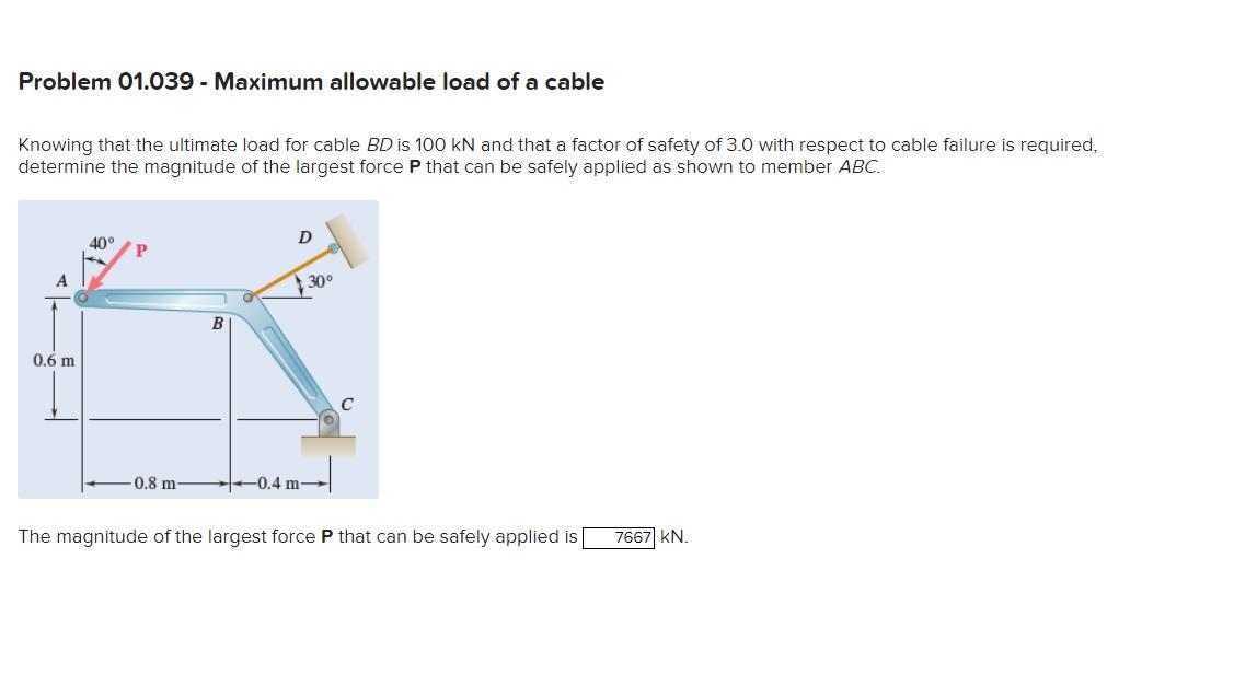 Solved Problem 01.039 - Maximum allowable load of a cable | Chegg.com