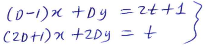 Solved (D−1)x+Dy=2t+1(2D+1)x+2Dy=t} | Chegg.com