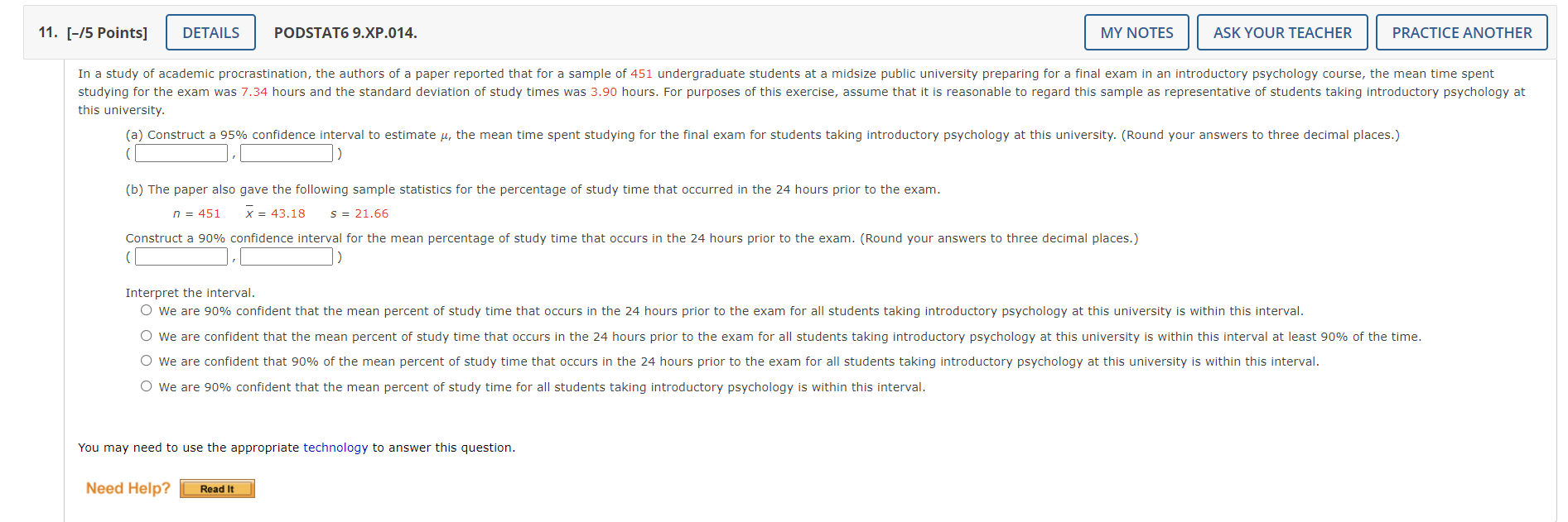 Solved 11. [-15 Points] DETAILS PODSTAT6 9.XP.014. MY NOTES | Chegg.com