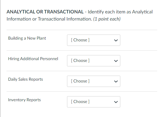 Solved ANALYTICAL OR TRANSACTIONAL - Identify each item as | Chegg.com