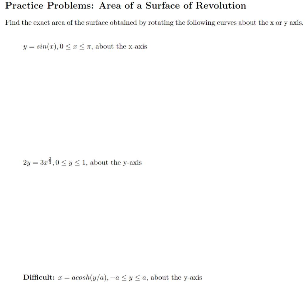 Solved Practice Problems: Area of a Surface of Revolution | Chegg.com