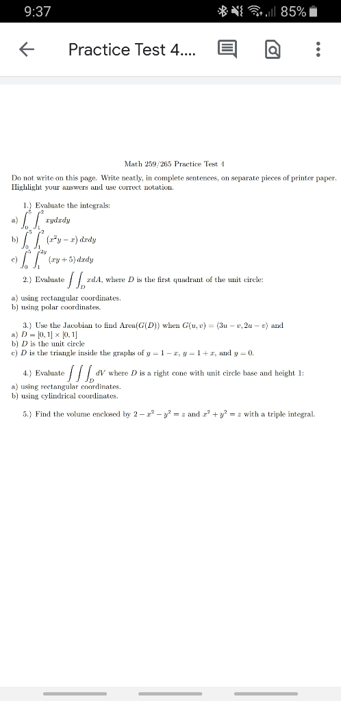 Solved 9:37 ** E Por ull 85% @ + Practice Test 4.... : Math | Chegg.com