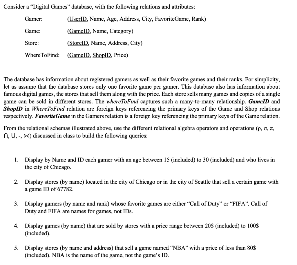 Solved Consider a "Digital Games" database, with the | Chegg.com