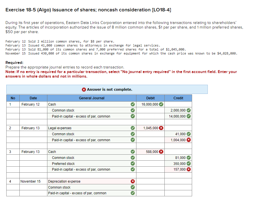 Solved Exercise 18-5 (Algo) ﻿Issuance of shares; noncash | Chegg.com