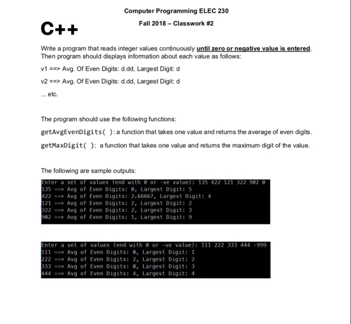 Solved Computer Programming Elec 230 Fall 2018 Classwork 2