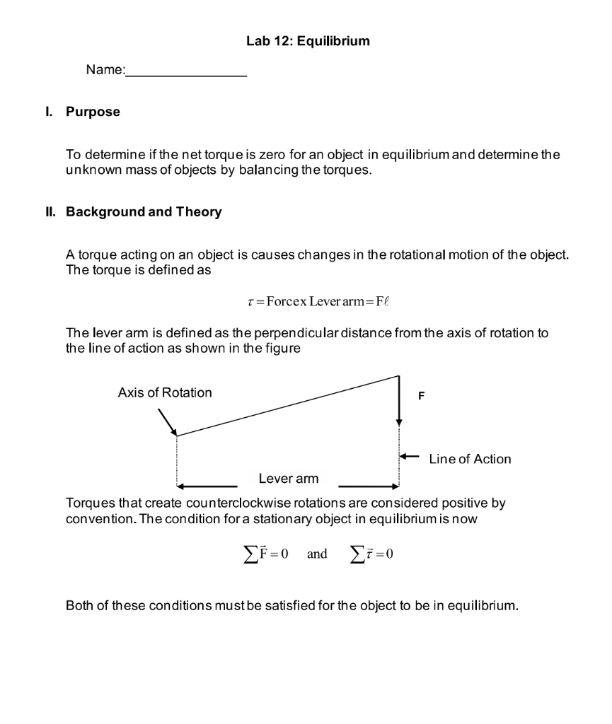 Lab 12: Equilibrium Name: 1. Purpose To determine if | Chegg.com