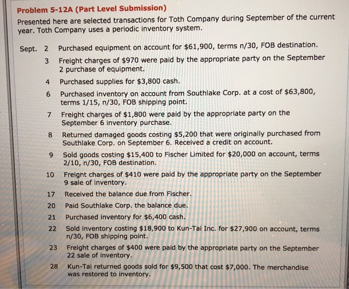 Solved Problem 5-12A (Part Level Submission) Presented here | Chegg.com