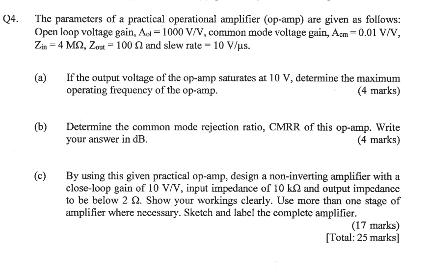 Solved Q4. ﻿The parameters of a practical operational | Chegg.com