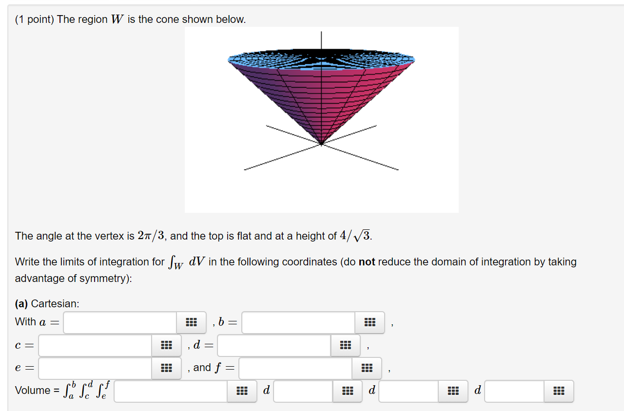 Solved The region W is the cone shown below. The angle at | Chegg.com