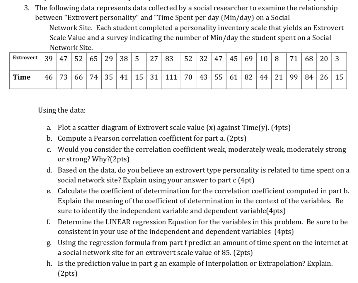 Solved 3. The following data represents data collected by a | Chegg.com