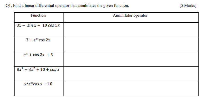 Solved by an EXPERT Q1. ﻿Find a linear differential operator that | Chegg.com