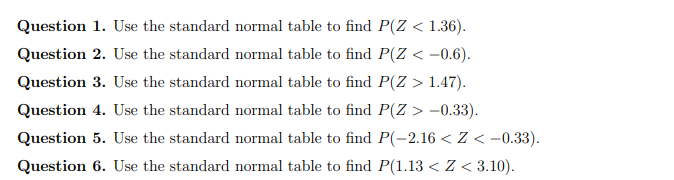 Solved Question 1. Use the standard normal table to find P(Z | Chegg.com