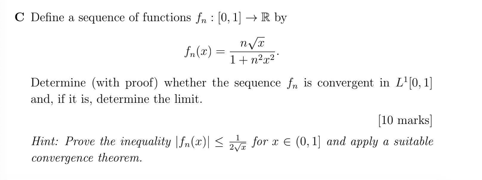 Solved C Define a sequence of functions fn : [0, 1] → R by = | Chegg.com
