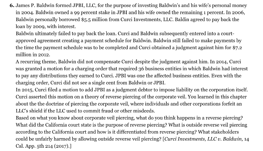 Solved 6. James P. Baldwin formed JPBI, LLC, for the purpose | Chegg.com
