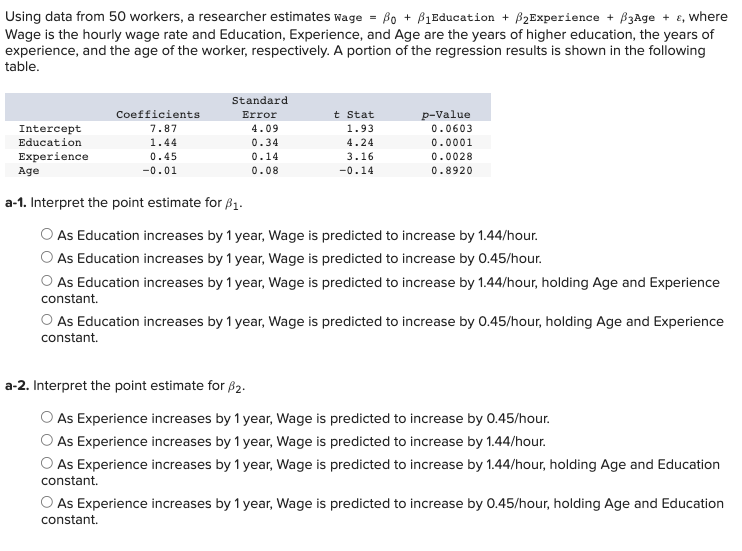 Solved Using data from 50 workers, a researcher estimates | Chegg.com