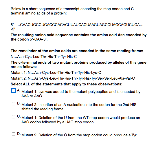 Solved Below is a short sequence of a transcript encoding | Chegg.com