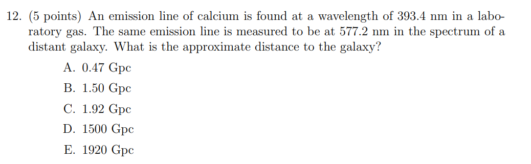 Solved 12. (5 points) An emission line of calcium is found | Chegg.com