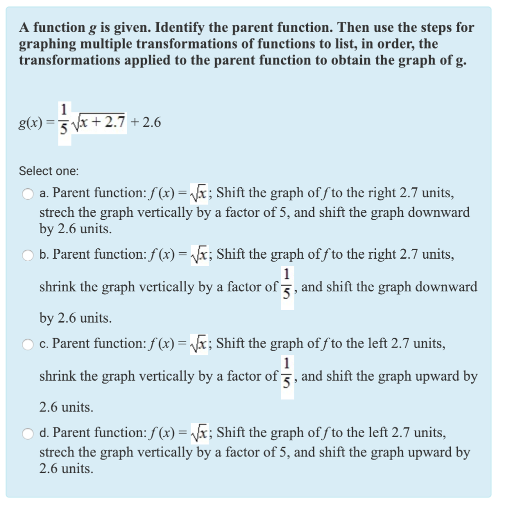 Solved A function g is given. Identify the parent function. | Chegg.com Solved A function g is given. Identify the parent function. | Chegg.com