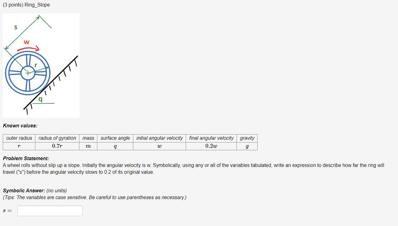 Solved (3 points) Ring_Slope S w Known values: outer radius | Chegg.com