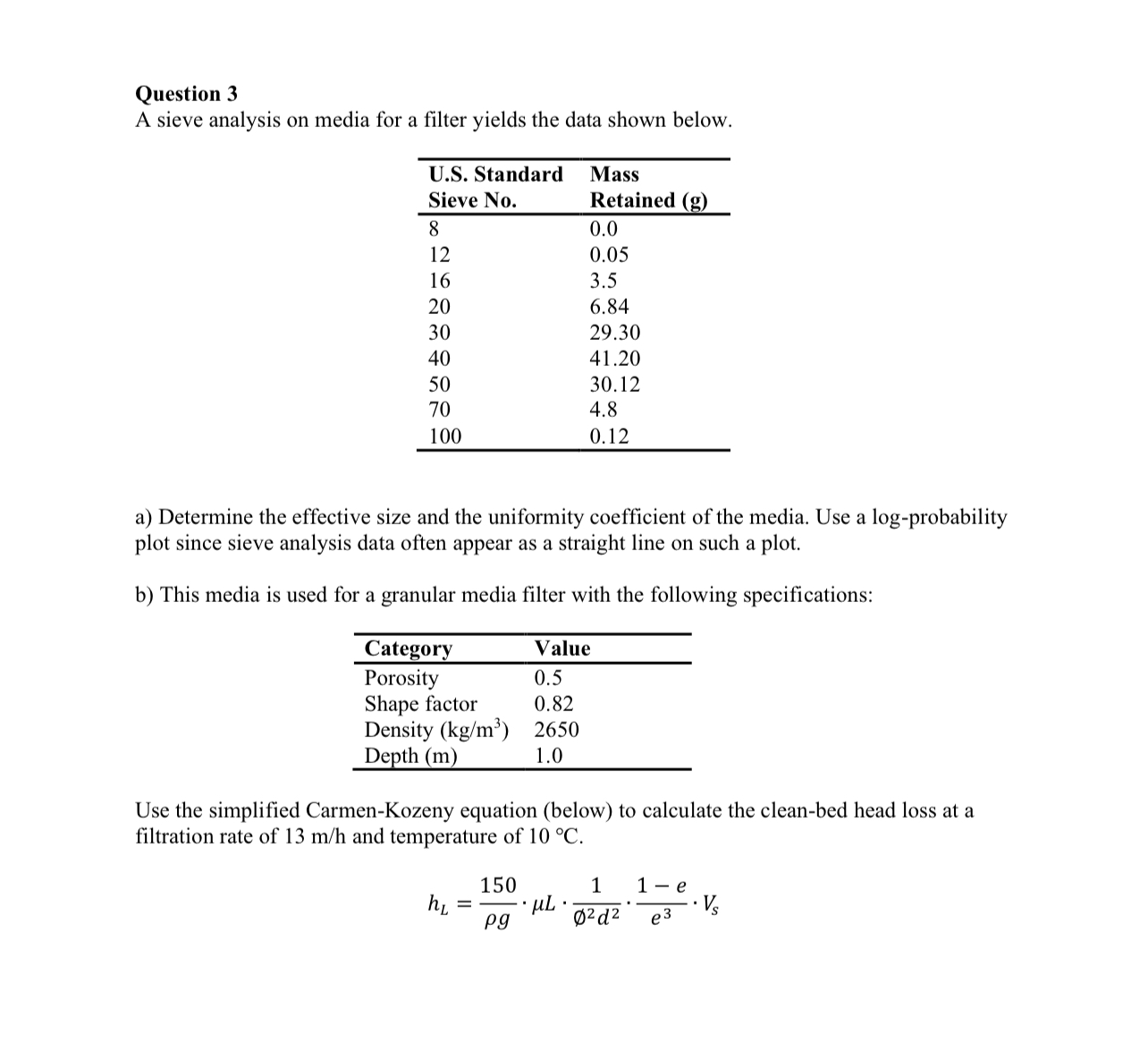 Solved Question 3A sieve analysis on media for a filter | Chegg.com
