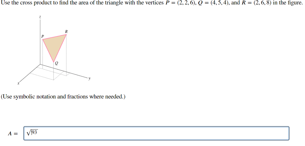 Solved Use the cross product to find the area of the | Chegg.com