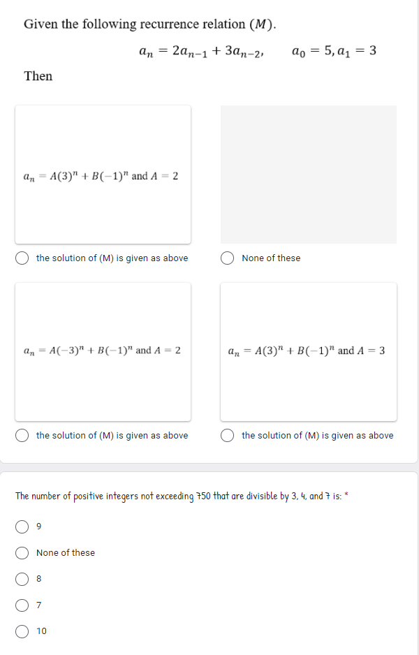 Solved Given the following recurrence relation (M). an = | Chegg.com
