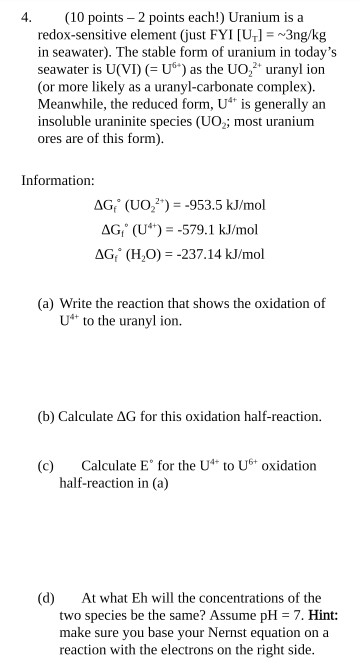 Solved Uranium is a redox-sensitive element (just FYI [UT] = | Chegg.com
