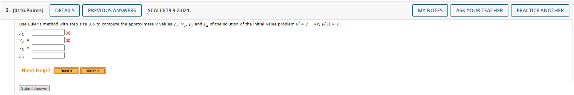 Solved 0/16 Points] SCALCET9 9.2.021. Use Euler's method | Chegg.com