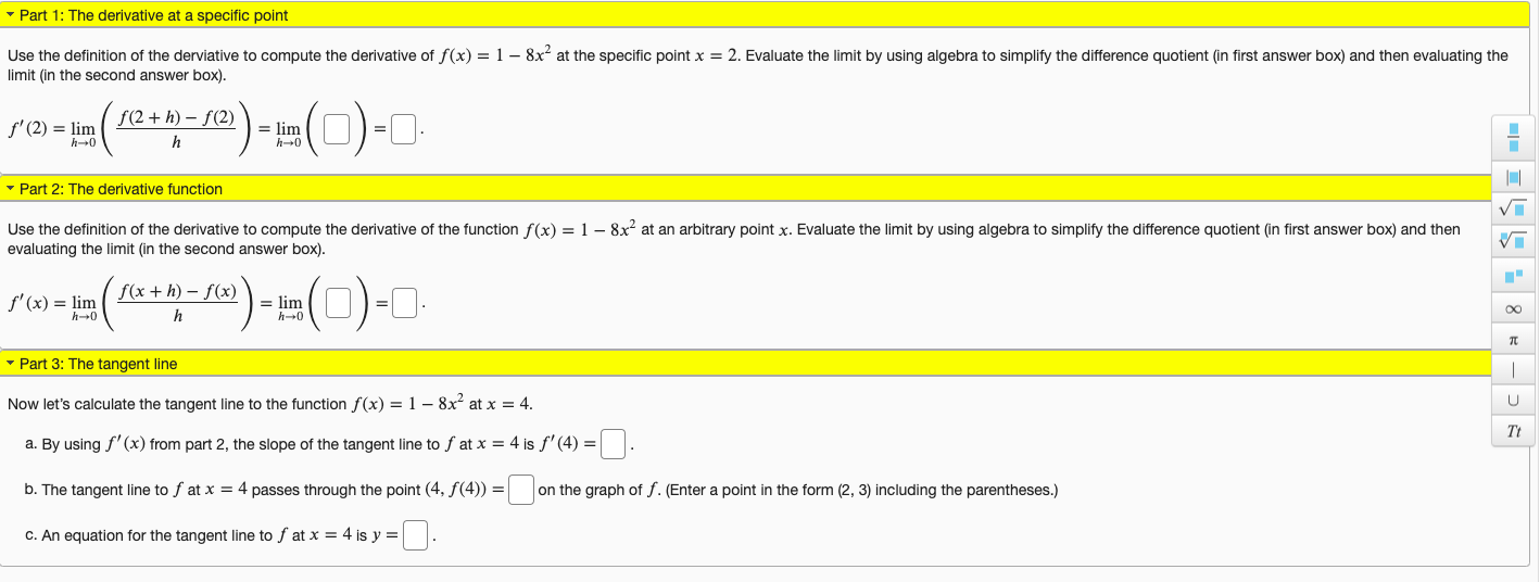 Solved Part 1: The derivative at a specific point Use the | Chegg.com