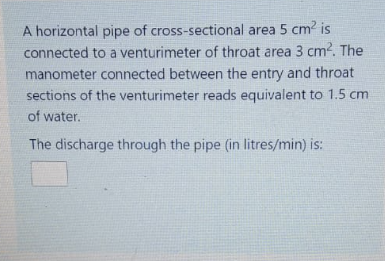 Solved A horizontal pipe of cross-sectional area 5 cm² is | Chegg.com
