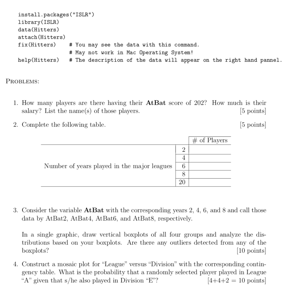 install.packages("ISLR") library(ISLR) data(Hitters) | Chegg.com