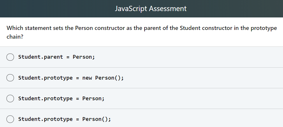 Solved JavaScript Assessment Which statement sets the Person | Chegg.com