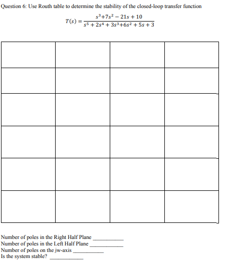 Solved Question 6: Use Routh table to determine the | Chegg.com