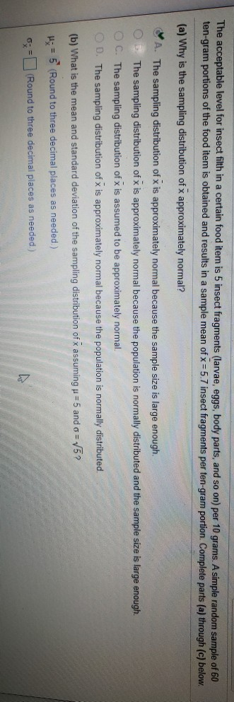 Solved The acceptable level for insect filth in a certain | Chegg.com