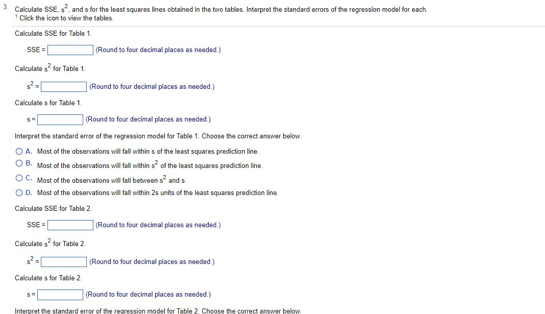 Solved 3 Calculate SSE, s?, and s for the least squares | Chegg.com