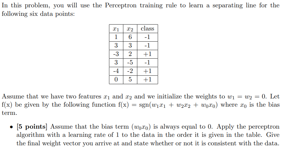 In this problem, you will use the Perceptron training | Chegg.com