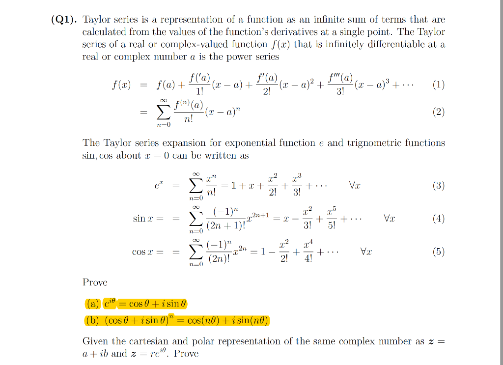 Solved (Q1). Taylor series is a representation of a function | Chegg.com