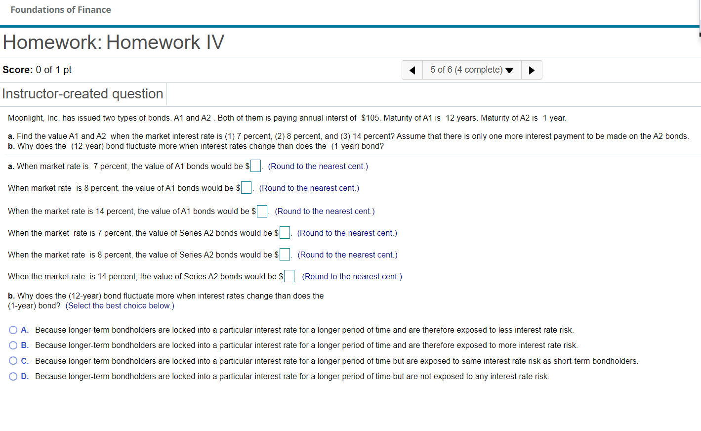 Solved Foundations of Finance Homework: Homework IV Score: 0 | Chegg.com