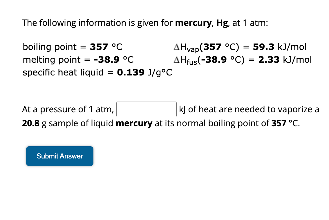 Solved The following information is given for mercury, Hg, | Chegg.com