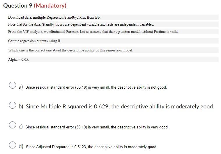 Solved Download data, multiple Regression Standby 2 .xlsx | Chegg.com