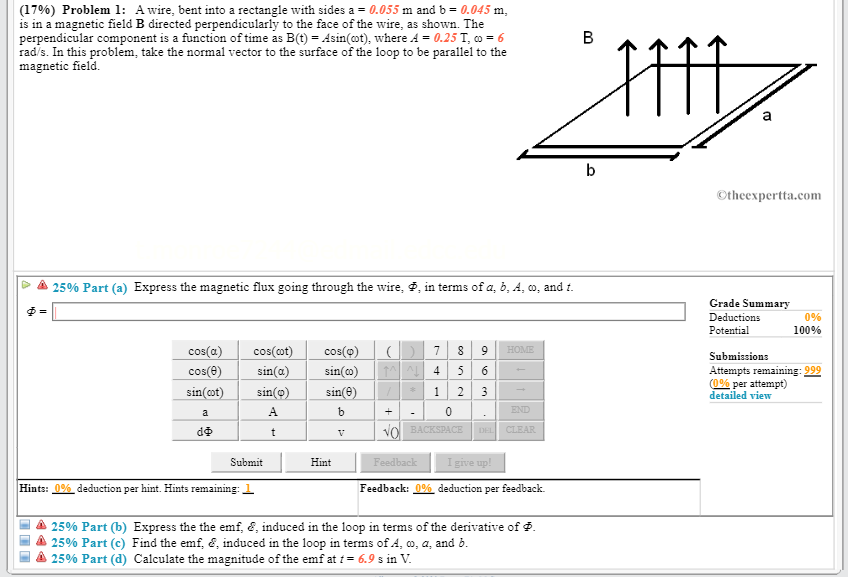 Solved (17%) Problem 1: A wire, bent into a rectangle with | Chegg.com