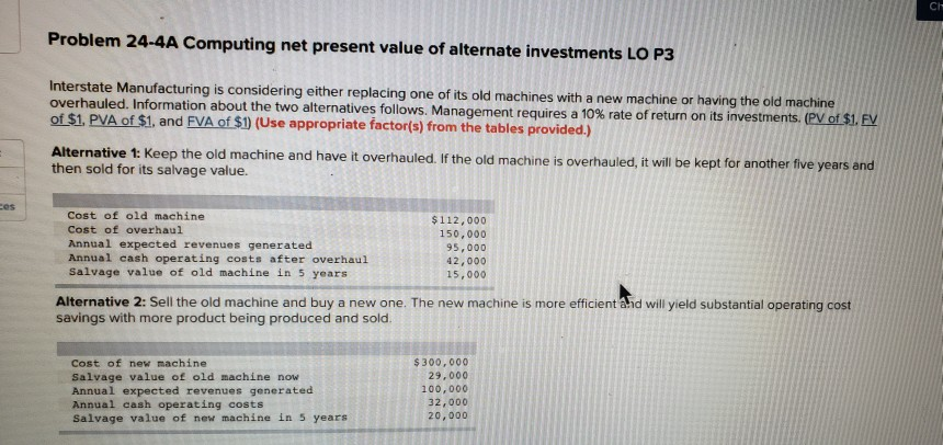 Solved Problem 24-4A Computing net present value of | Chegg.com Solved Problem 24-4A Computing net present value of | Chegg.com
